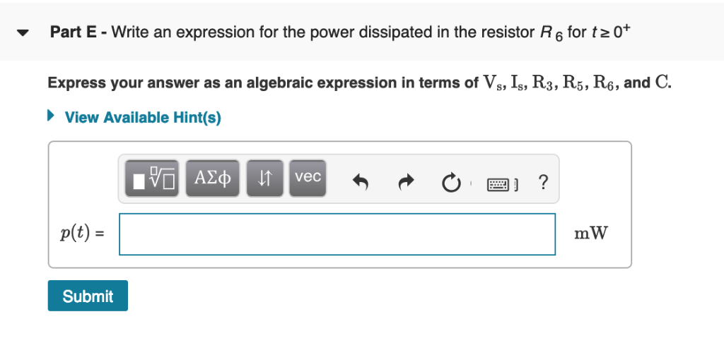 Solved Part E- Write an expression for the power | Chegg.com