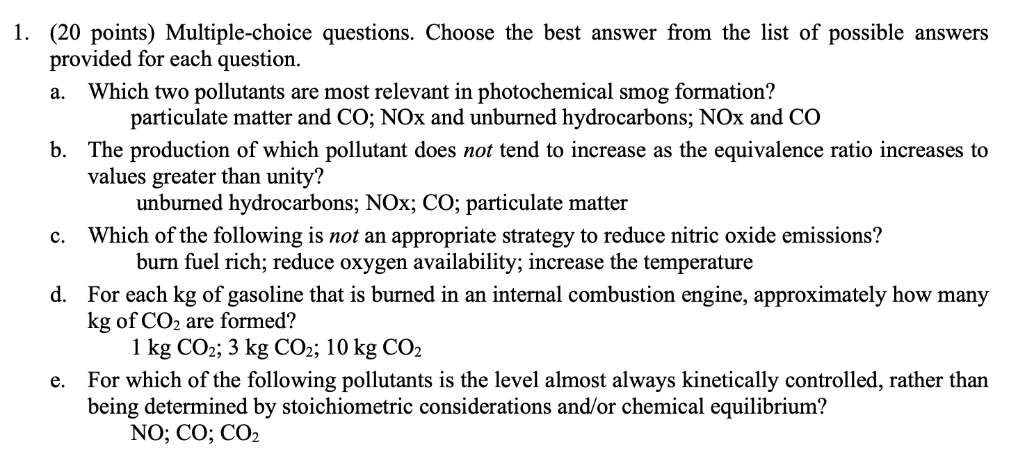1. (20 points) Multiple-choice questions. Choose the | Chegg.com