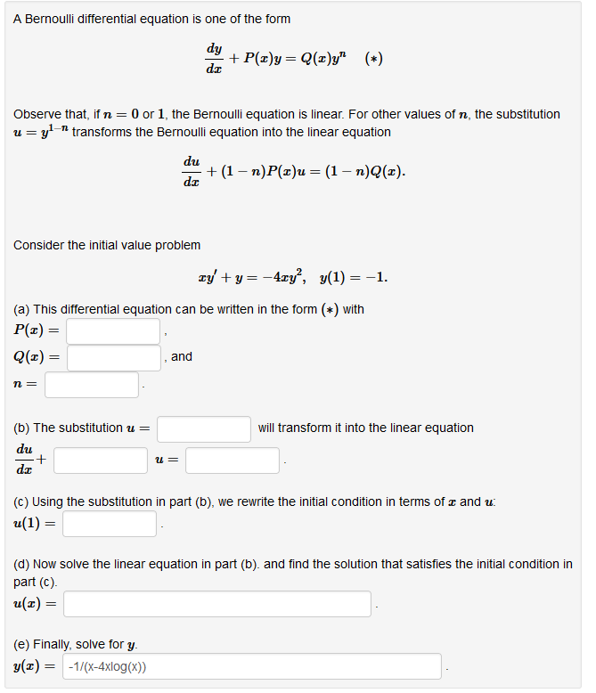 Solved A Bernoulli differential equation is one of the form | Chegg.com