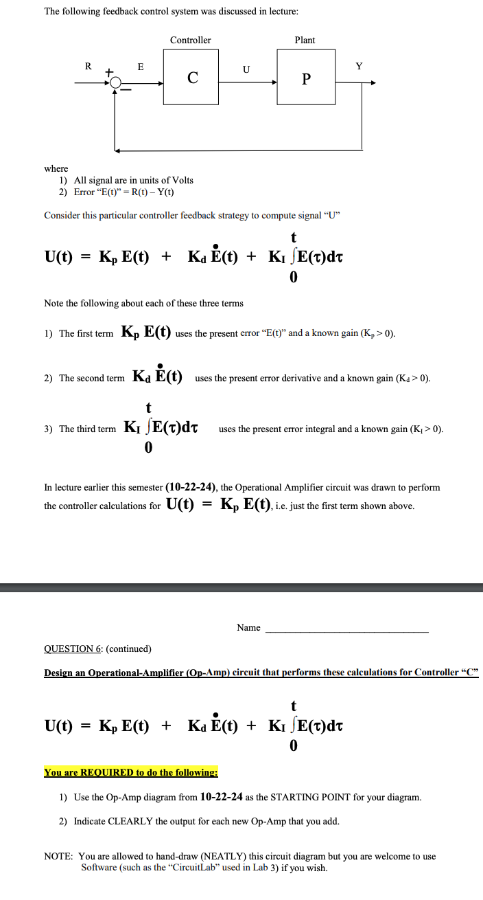 Solved The following feedback control system was discussed | Chegg.com