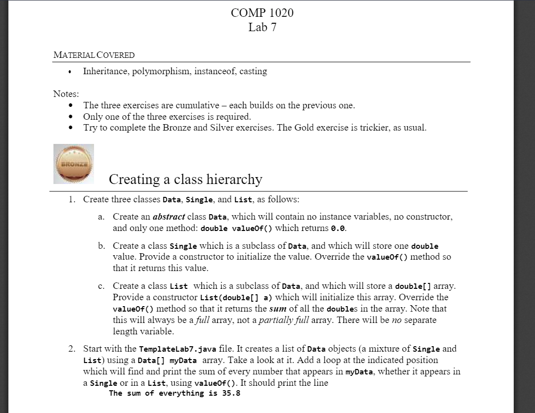 Solved COMP 1020 Lab 7 MATERIAL COVERED Inheritance, | Chegg.com