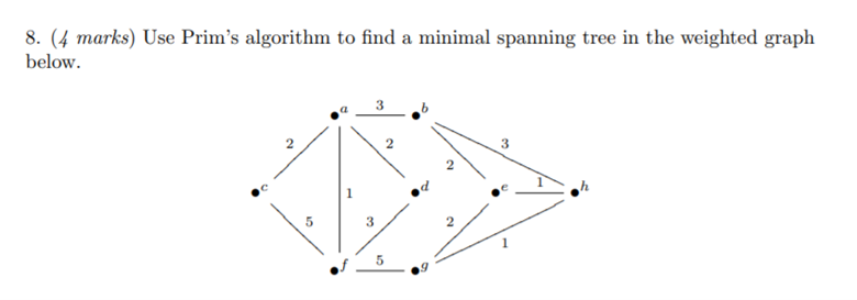 Solved 8. (4 marks) Use Prim's algorithm to find a minimal | Chegg.com