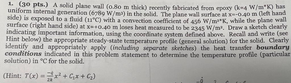 Solved 1. (30 pts.) A solid plane wall (o.80 m thick) | Chegg.com