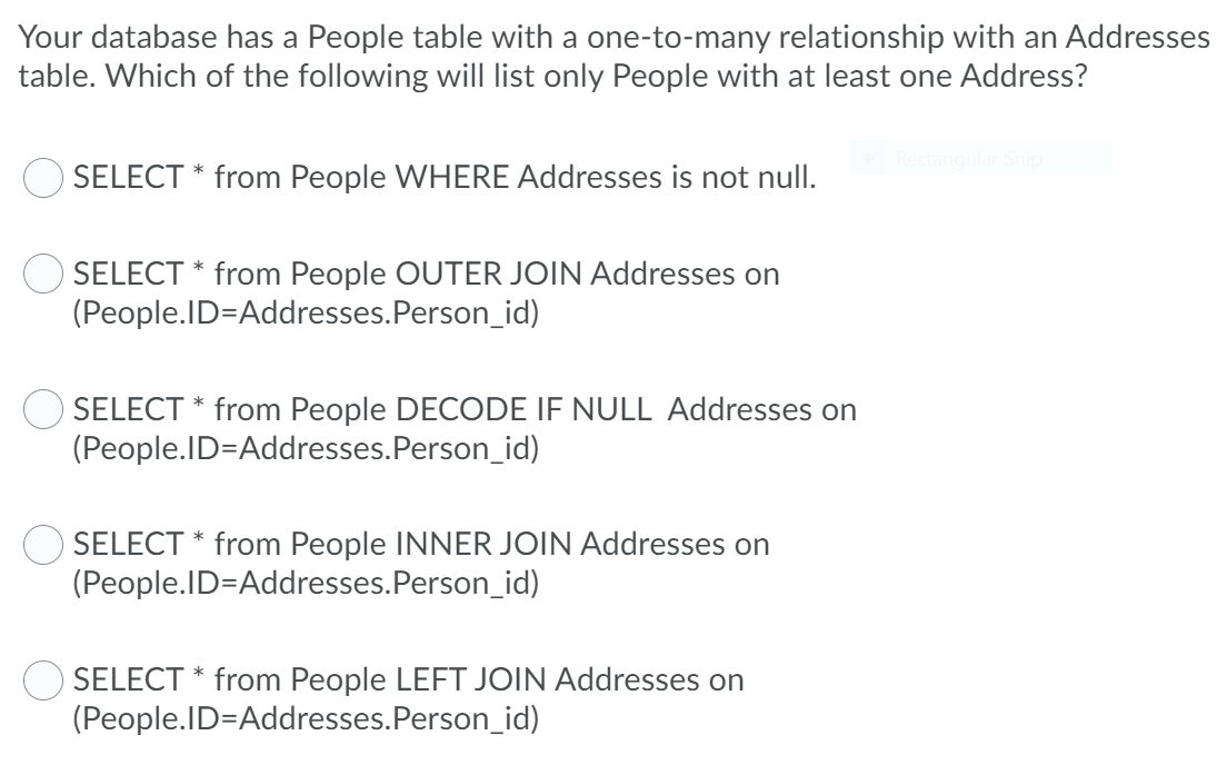 Solved Your database has a People table with a one-to-many | Chegg.com
