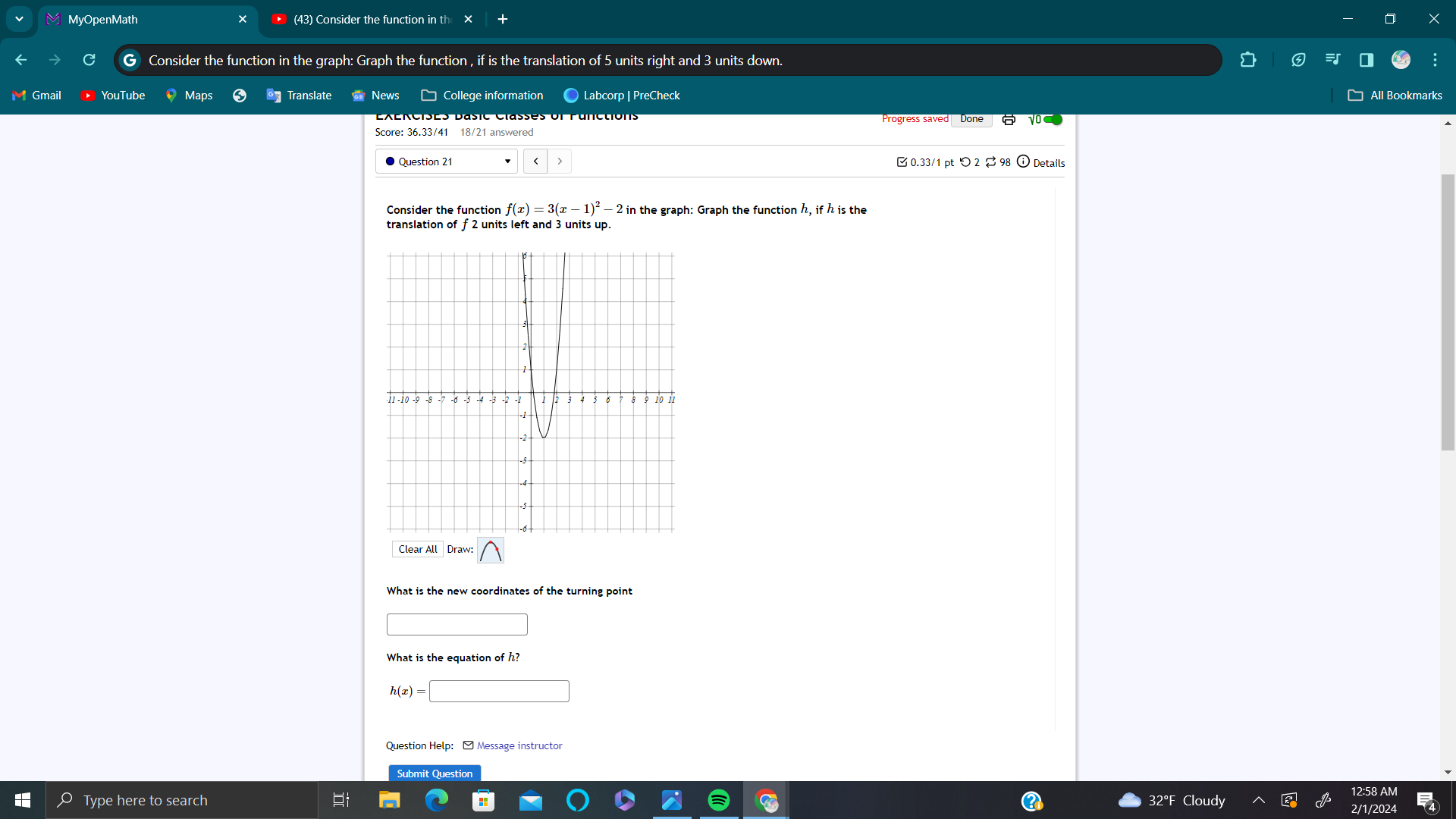 Solved Consider the function f(x)=3(x-1)2-2 ﻿in the graph: | Chegg.com