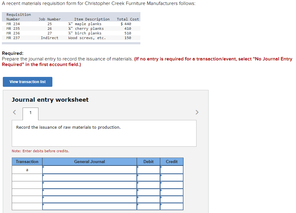 Solved A recent materials requisition form for Christopher | Chegg.com