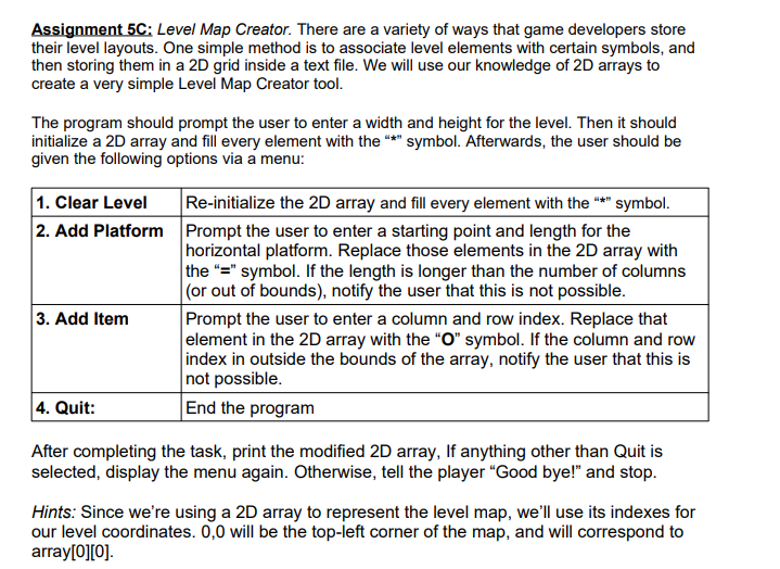 Solved Assignment 5C: Level Map Creator. There are a variety | Chegg.com