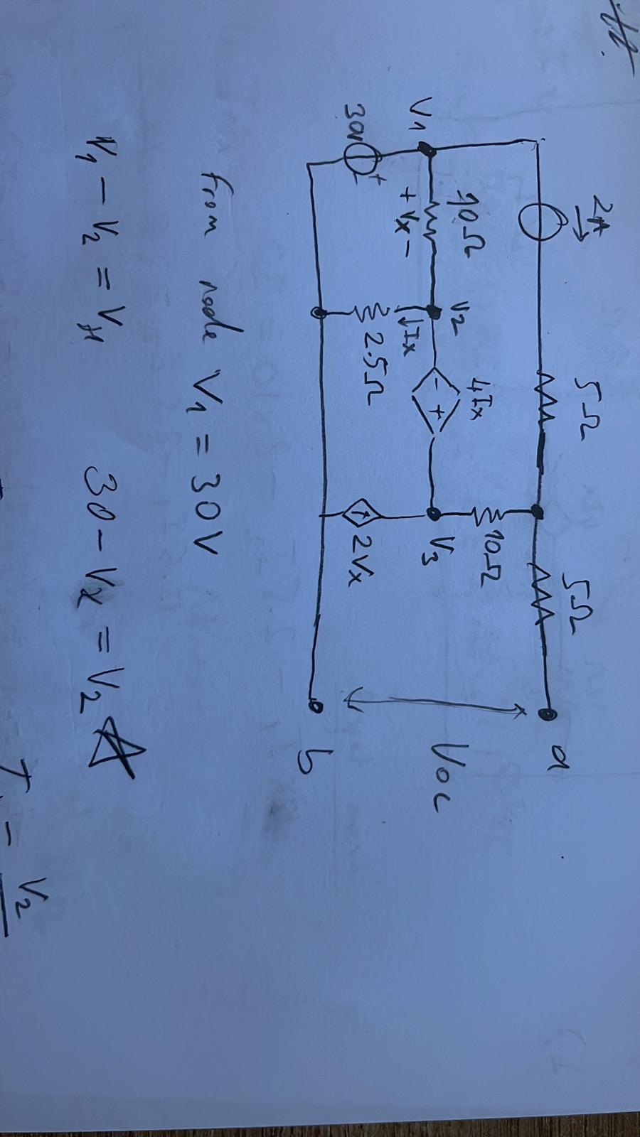 Solved from node V1=30 V V1−V2=VH30−Vx=V2 | Chegg.com