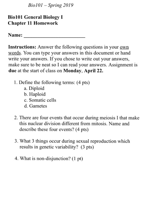 Solved Bio101 - Spring 2019 Bio101 General Biology I Chapter | Chegg.com