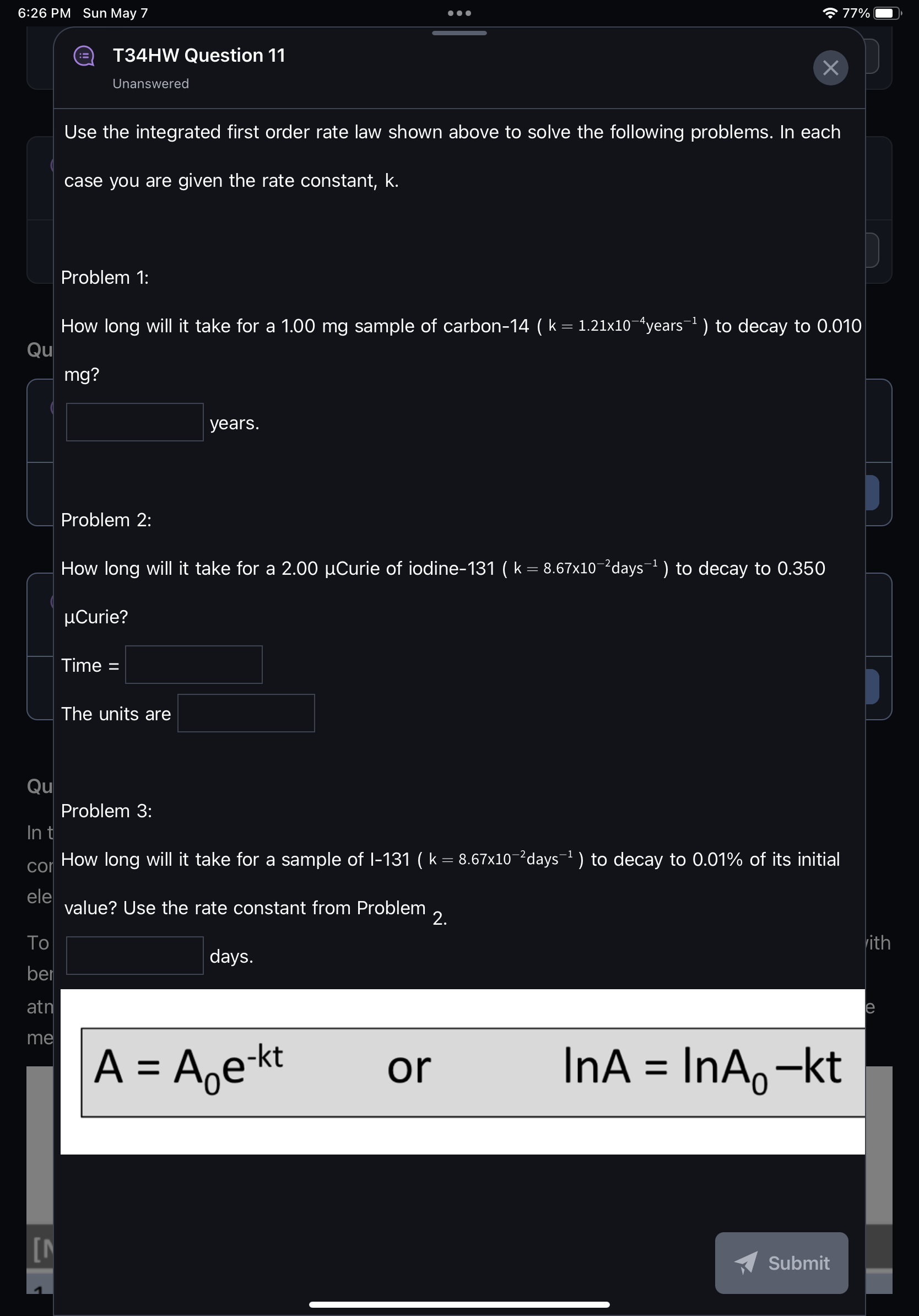 Solved Use the integrated first order rate law shown above | Chegg.com