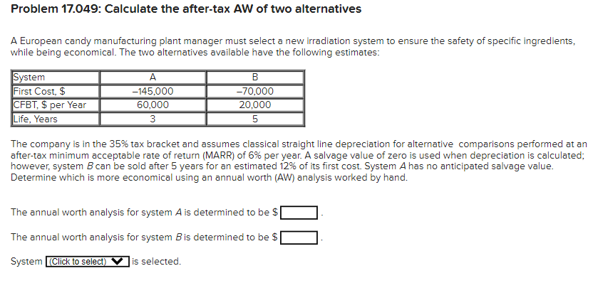 Solved Problem 17 049 Calculate The After Tax Aw Of Two