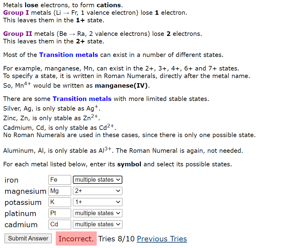 Solved Metals lose electrons, to form cations. Group I | Chegg.com