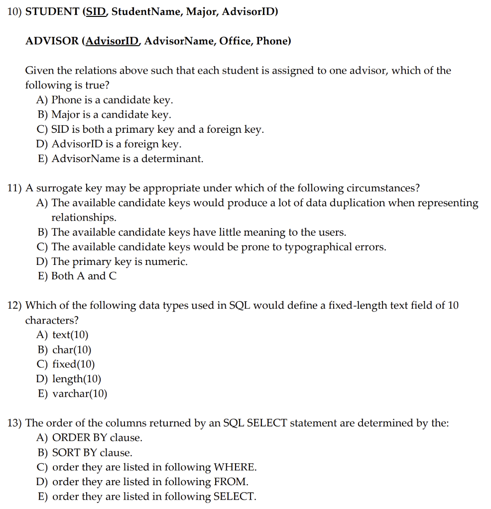 Solved 10) STUDENT (SID, StudentName, Major, AdvisorID) | Chegg.com