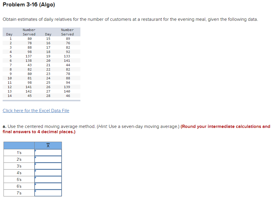 Solved Click here for the Excel Data File a. Use the | Chegg.com