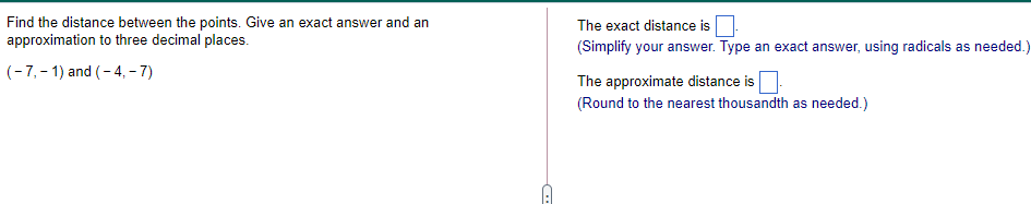 Solved Find the distance between the points. Give an exact | Chegg.com