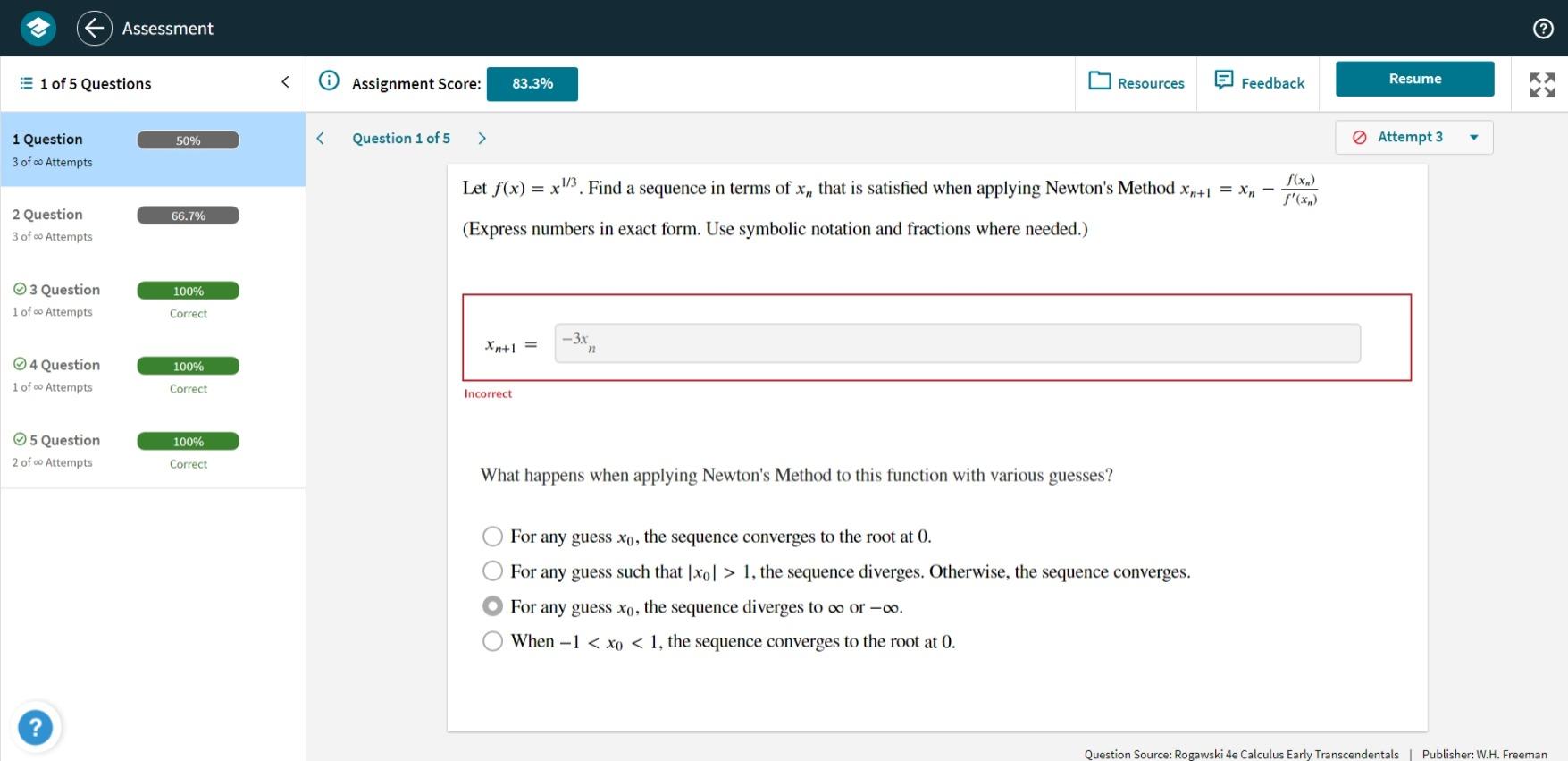 Solved Assessment 1 of 5 Questions Assignment Score: 83.3% | Chegg.com
