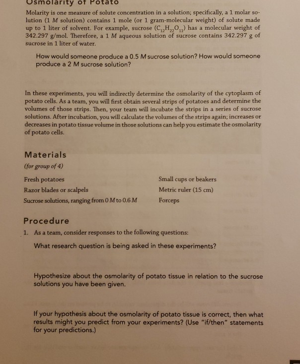 Solved SO molarity ot Potato Molarity is one measure of | Chegg.com