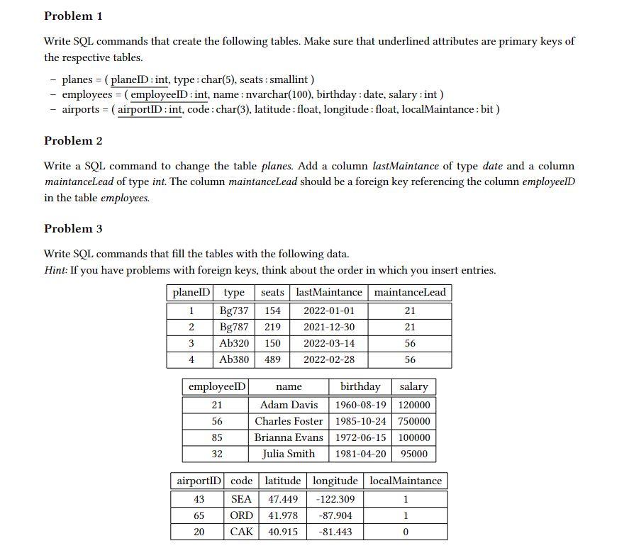 Solved Problem 1 Write Sql Commands That Create The 7592