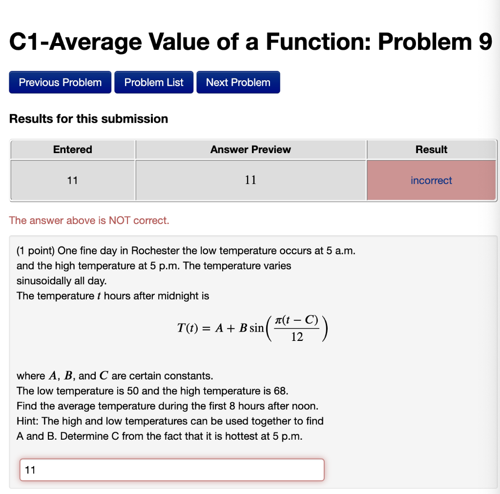 Solved C1-Average Value of a Function: Problem 9 Previous | Chegg.com