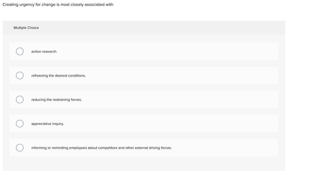 Solved Creating urgency for change is most closely | Chegg.com