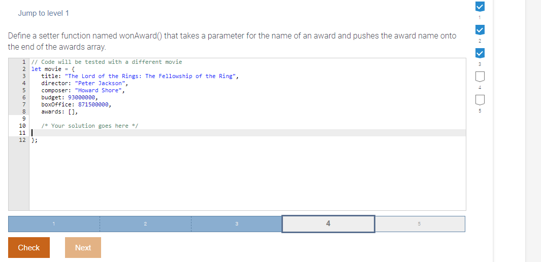 Solved JAVASCRIPT ONLY THIS CODE DID NOT WORK: wonAward: | Chegg.com