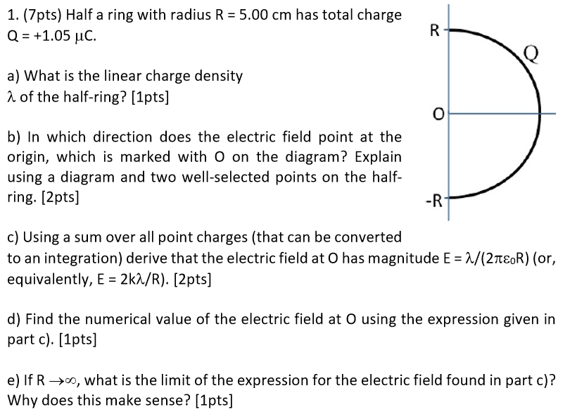 Solved 1. (7pts) Half a ring with radius R = 5.00 cm has | Chegg.com
