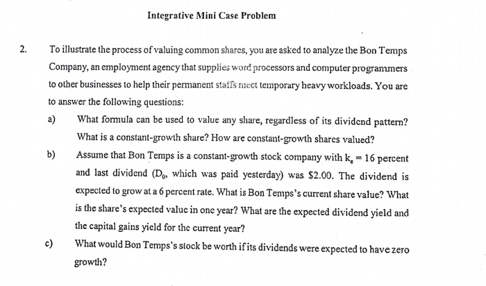 Solved Integrative Mini Case Problem 2. To ilustrate the | Chegg.com