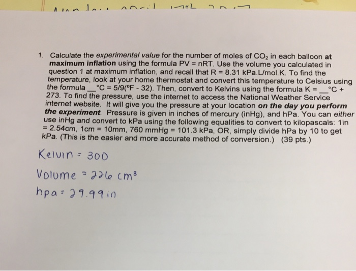 Solved Calculate the experimental value for the number of | Chegg.com