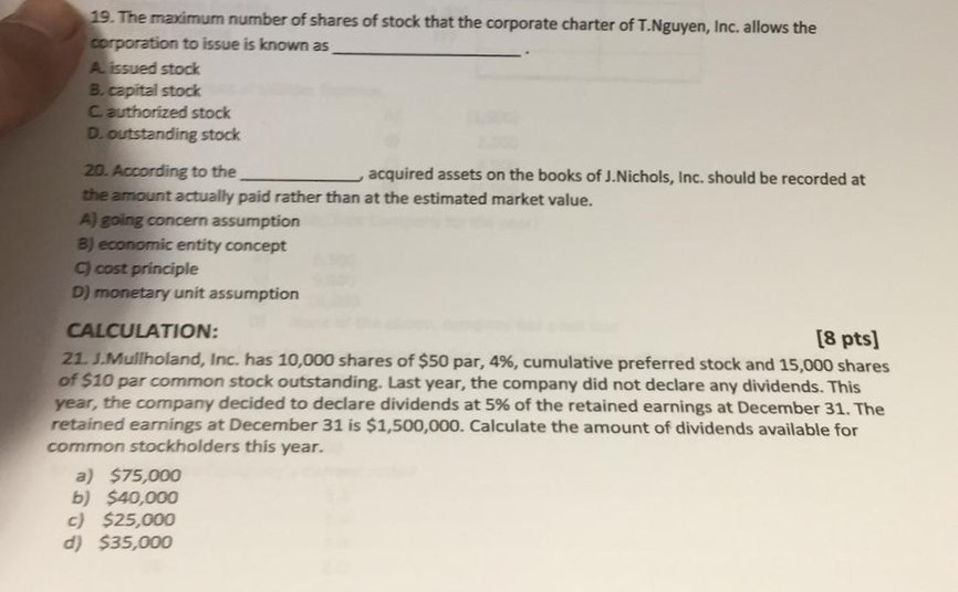 Solved 19. The maximum number of shares of stock that the | Chegg.com