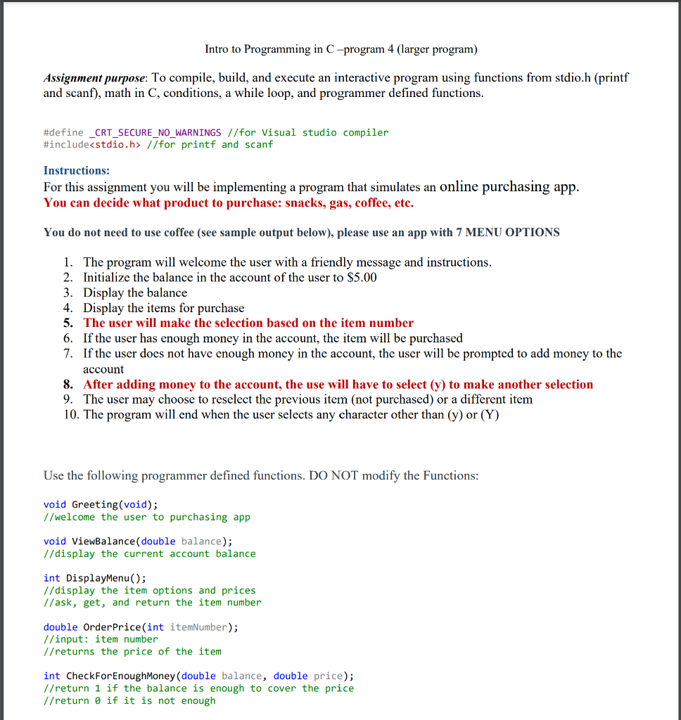 Intro to Programming in C-program 4 (larger program) | Chegg.com