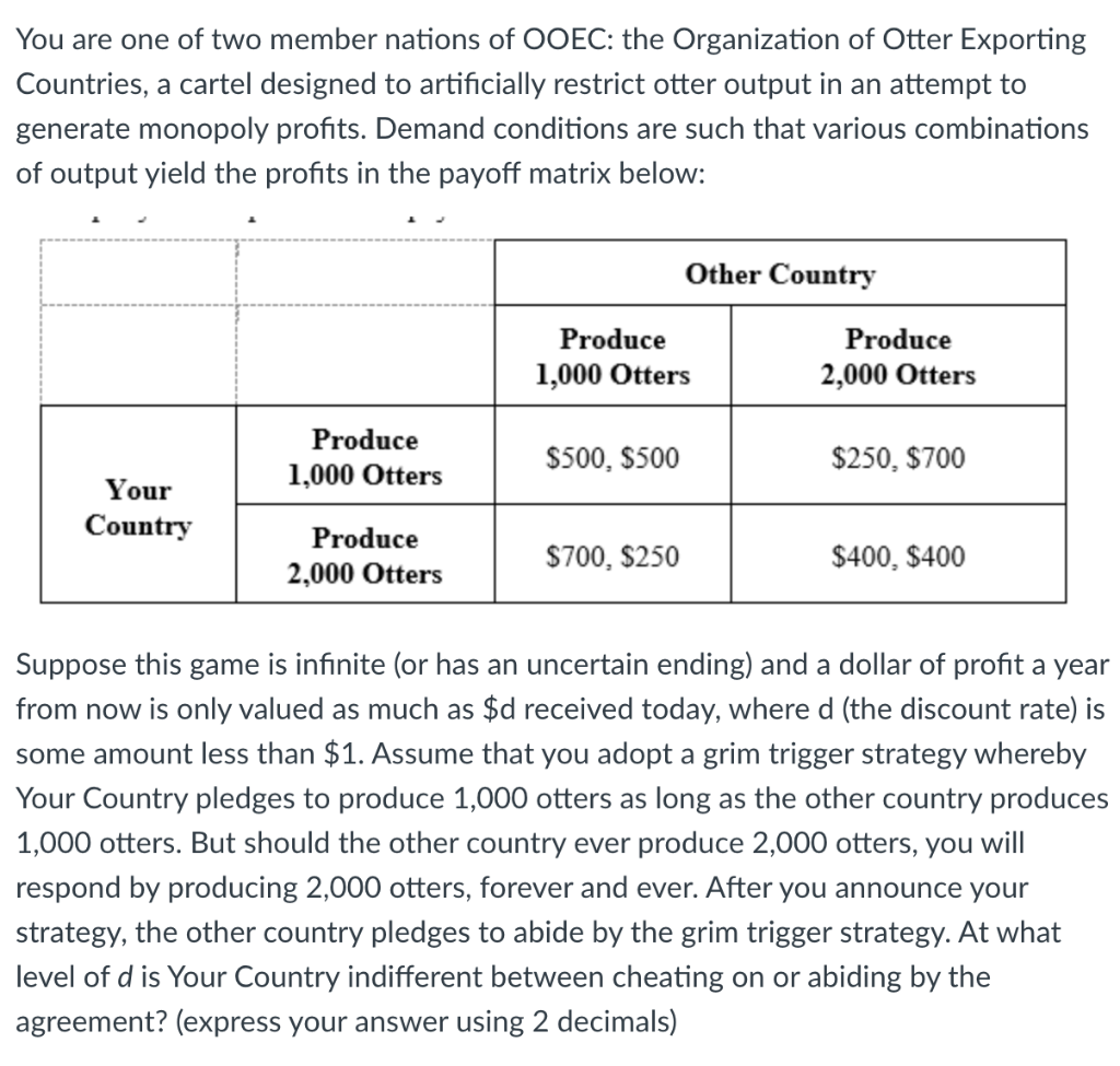 Solved You are one of two member nations of OOEC: the | Chegg.com