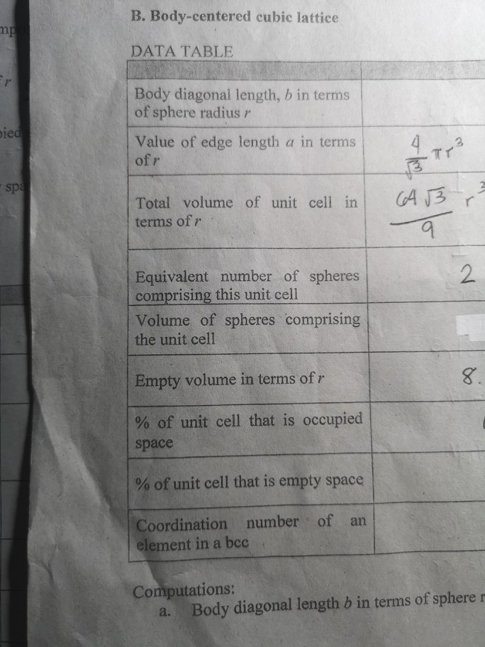 Solved B. Body-centered cubic lattice DATA TABLE Body | Chegg.com