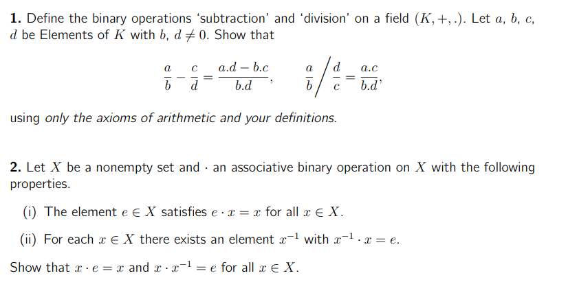 Solved 1. Define the binary operations 'subtraction' and | Chegg.com