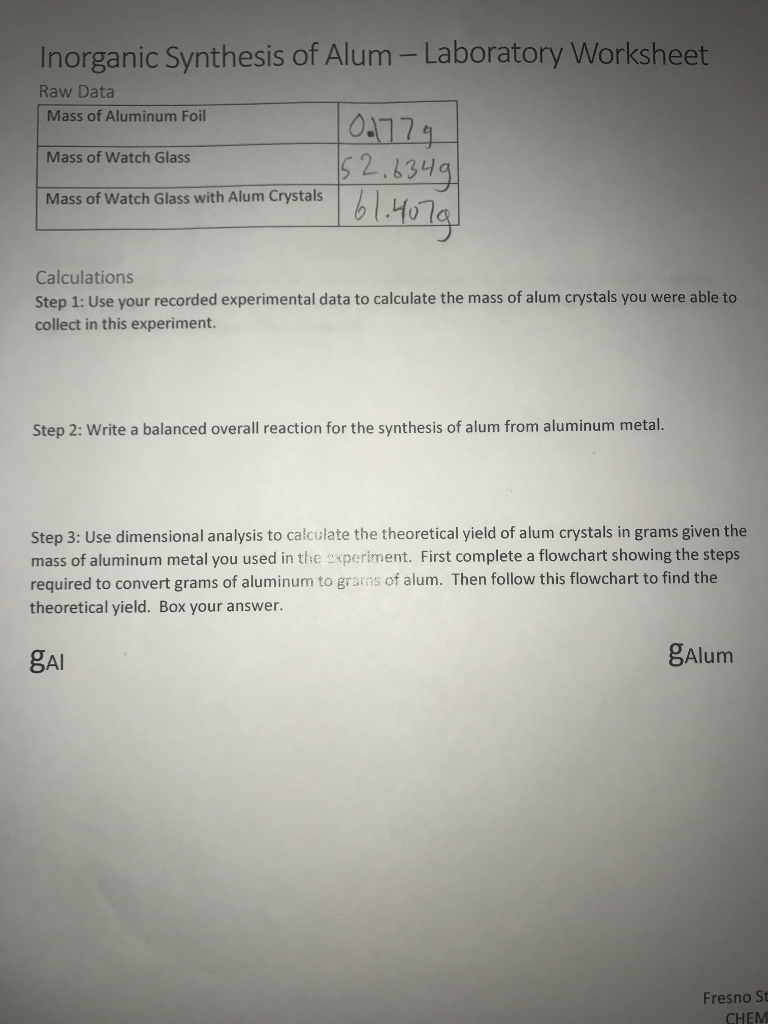 Solved Inorganic Synthesis of Alum - Laboratory Worksheet | Chegg.com