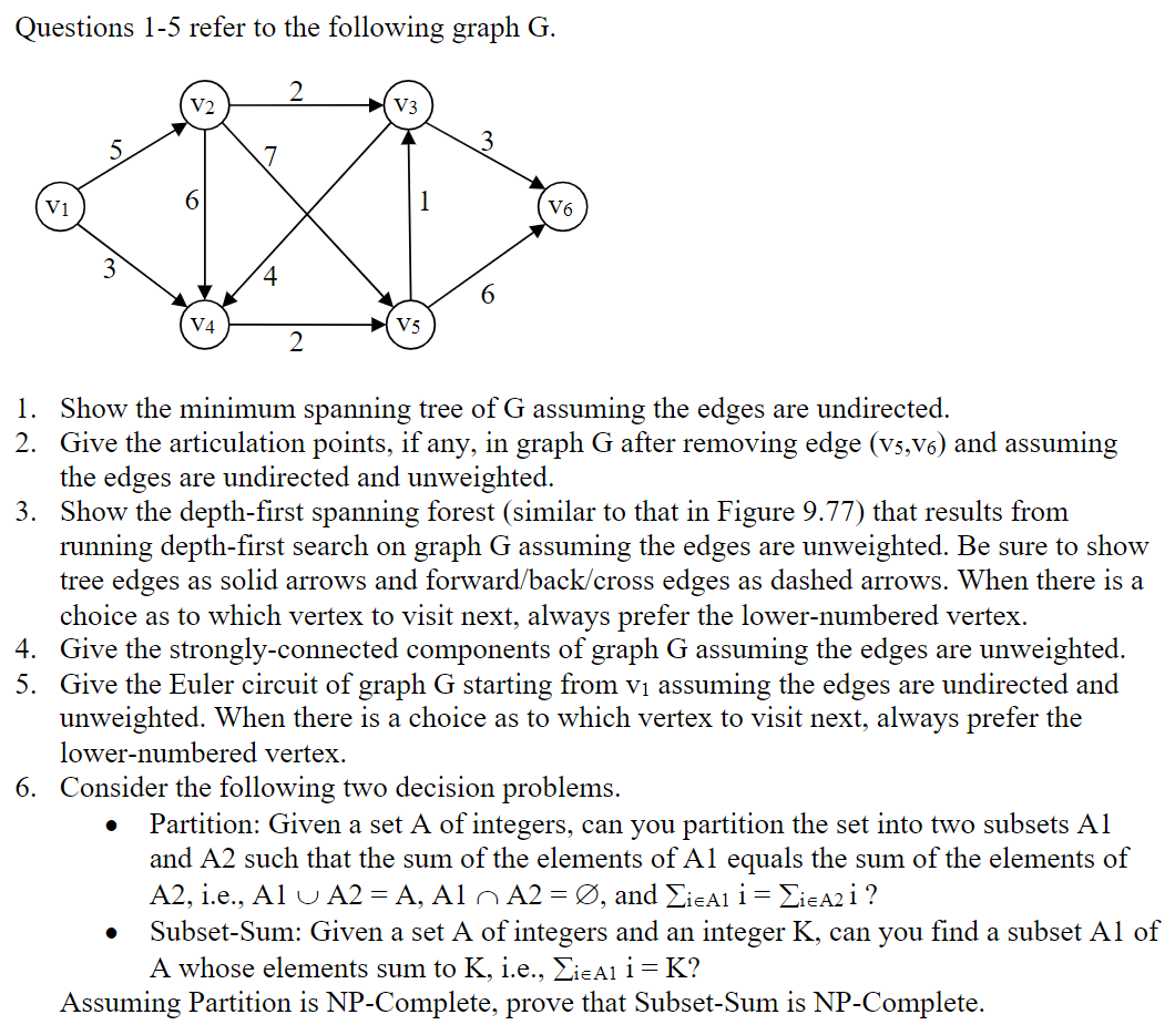 Solved Questions 1-5 refer to the following graph G. 2 V2 V3 | Chegg.com