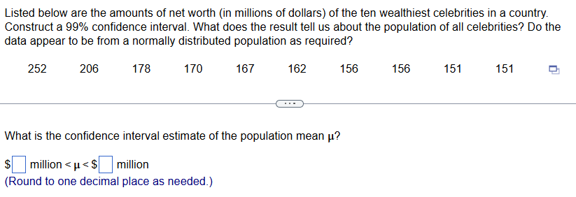 Solved Listed below are the amounts of net worth (in | Chegg.com