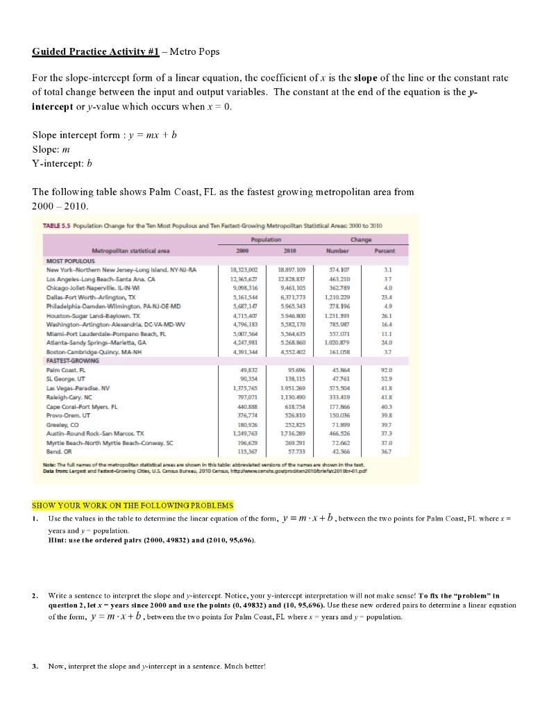 Solved Guided Practice Activity #1 - Metro Pops For the | Chegg.com
