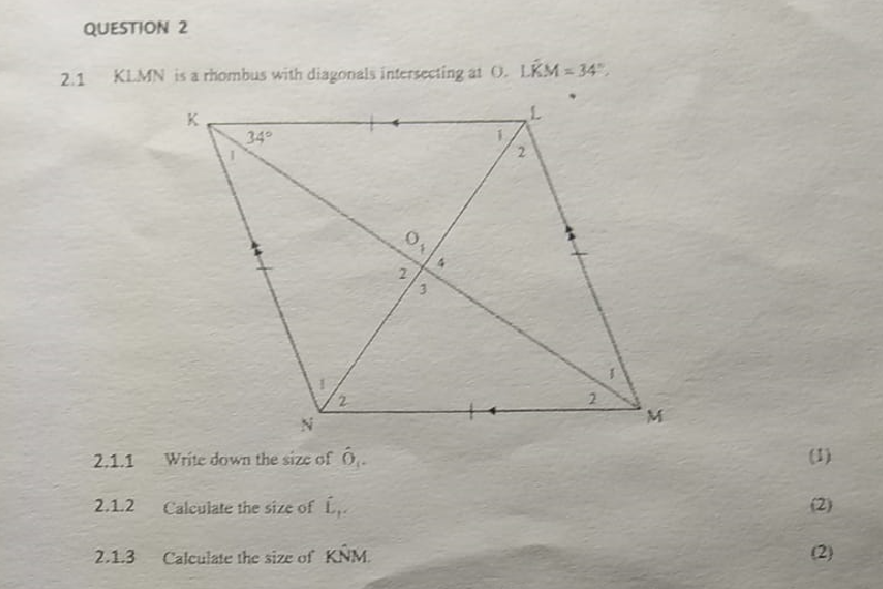 Solved 2.1 KLMN is a rhombus with diagonals intersecting at | Chegg.com