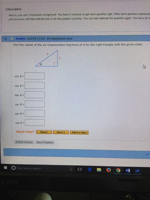 Solved Find the values of the six trigonometric functions of | Chegg.com