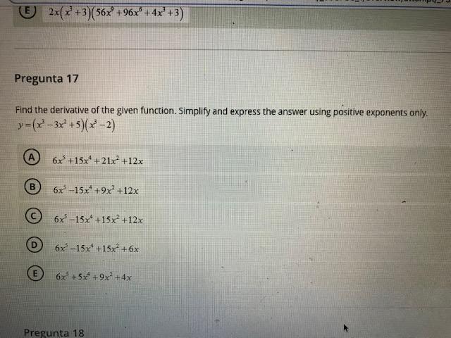 Solved 2x{2}+3)(56x +96x® +4x'+3) Pregunta 17 Find the | Chegg.com