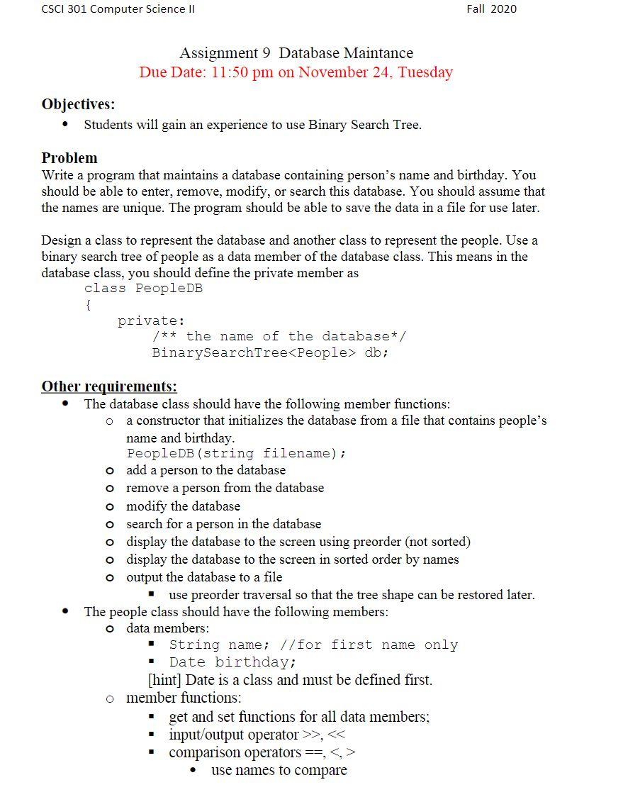 CSCI 301 Computer Science II Fall 2020 Assignment 9 | Chegg.com