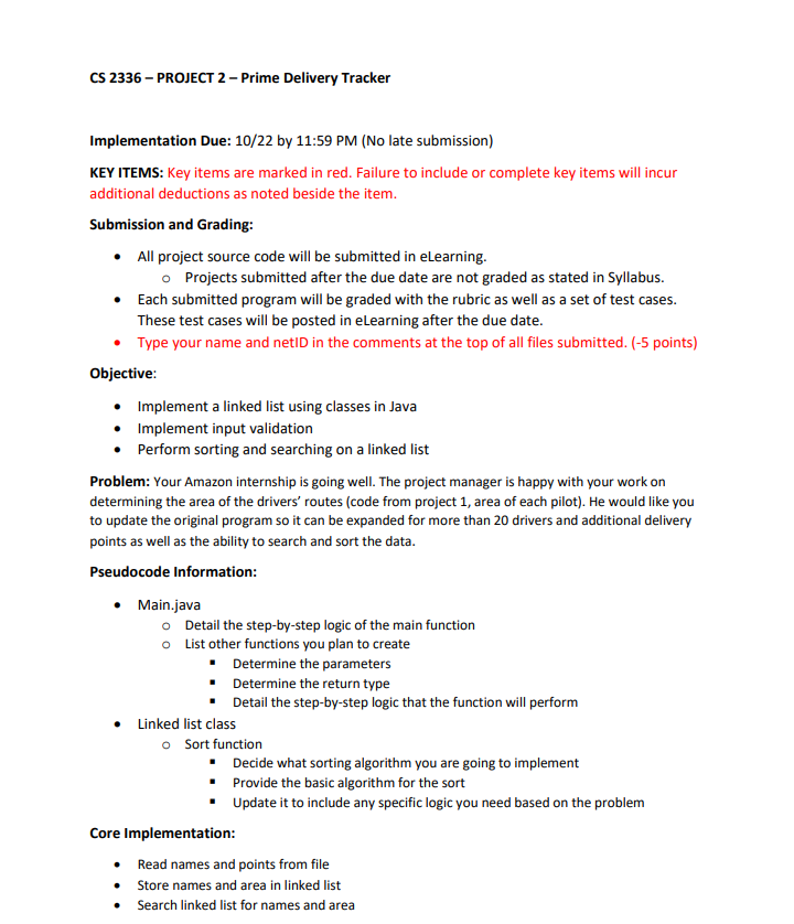 Solved CS 2336 - PROJECT 2 - Prime Delivery Tracker | Chegg.com