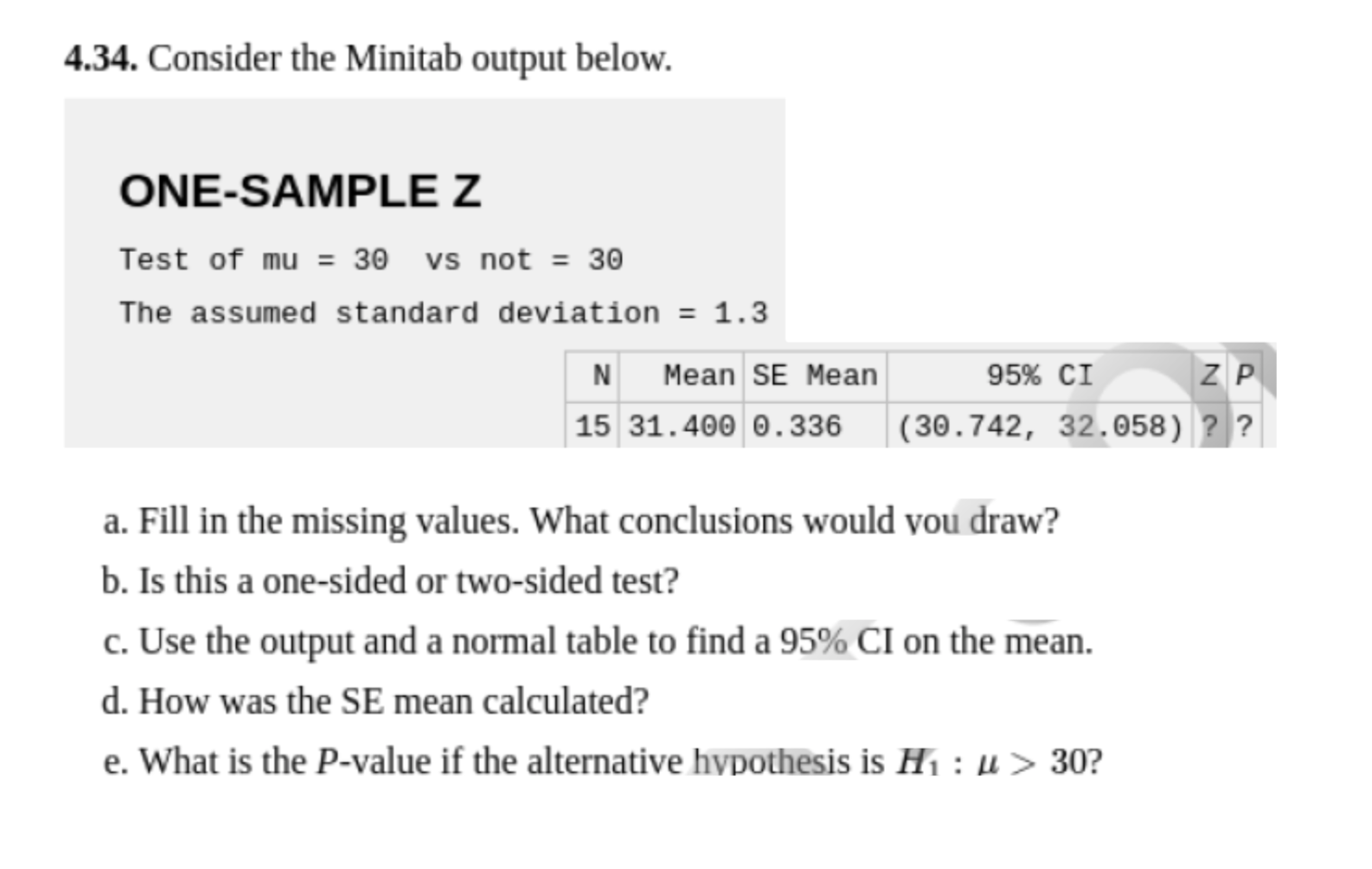 Solved 4.34. Consider the Minitab output below. ONE-SAMPLE Z | Chegg.com