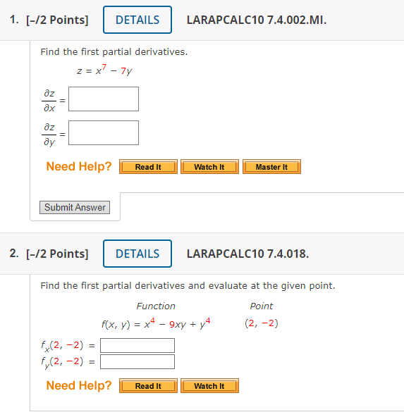 Solved 1. [-/2 Points] LARAPCALC10 7.4.002.MI. Find the | Chegg.com