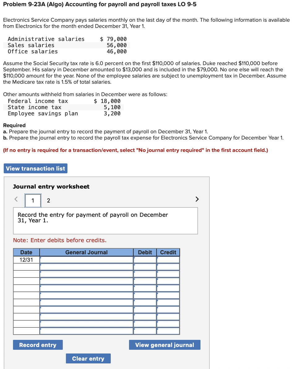 Solved Problem 9-23A (Algo) Accounting for payroll and | Chegg.com