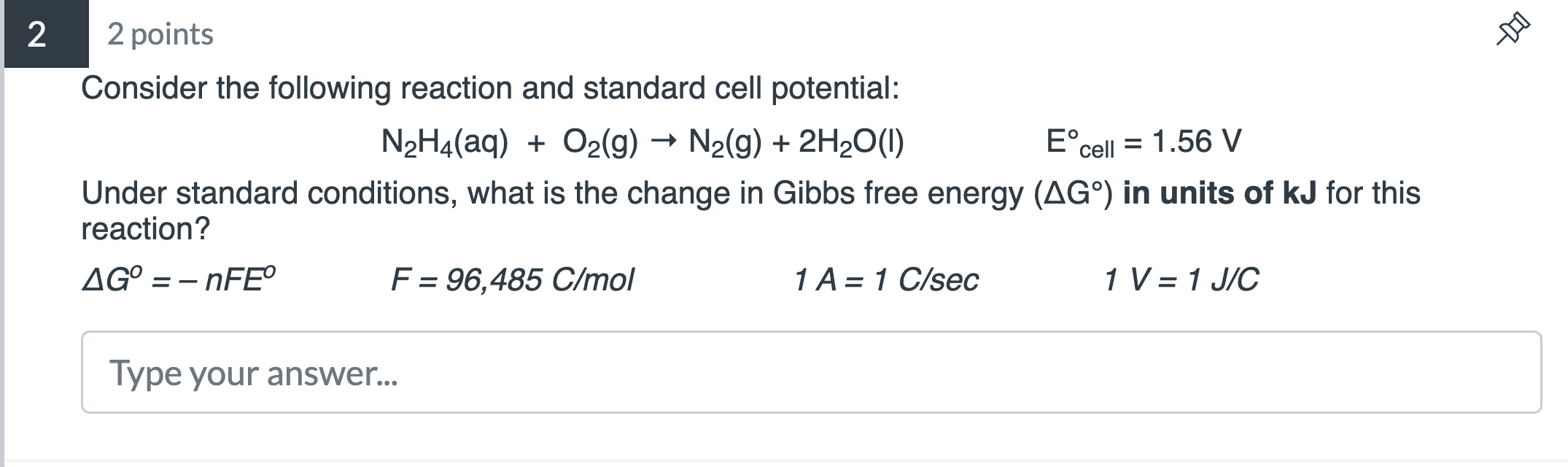 Solved 2 points Consider the following reaction and standard | Chegg.com