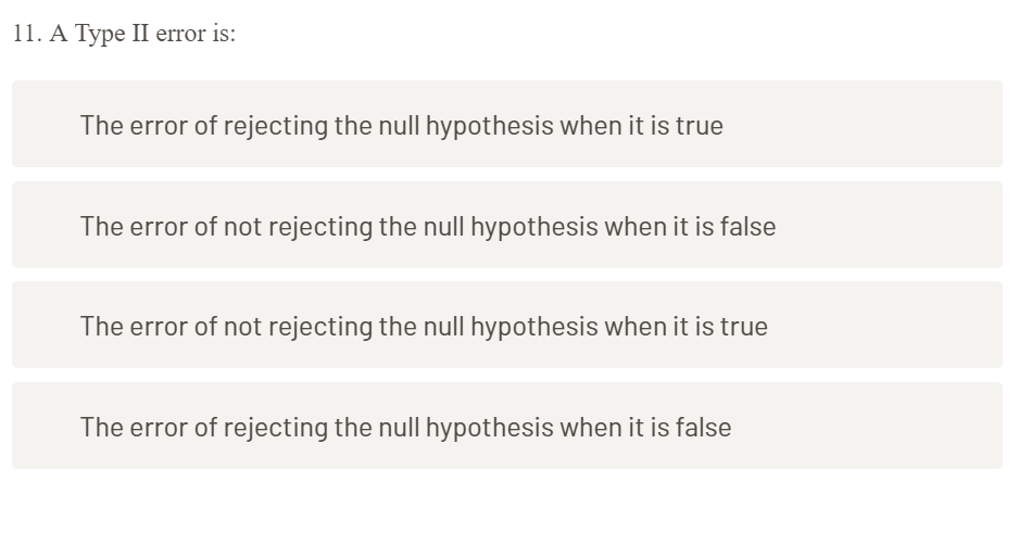 Solved 11. A Type II error is: The error of rejecting the | Chegg.com