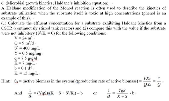 Solved 6. (Microbial growth kinetics; Haldane's inhibition | Chegg.com