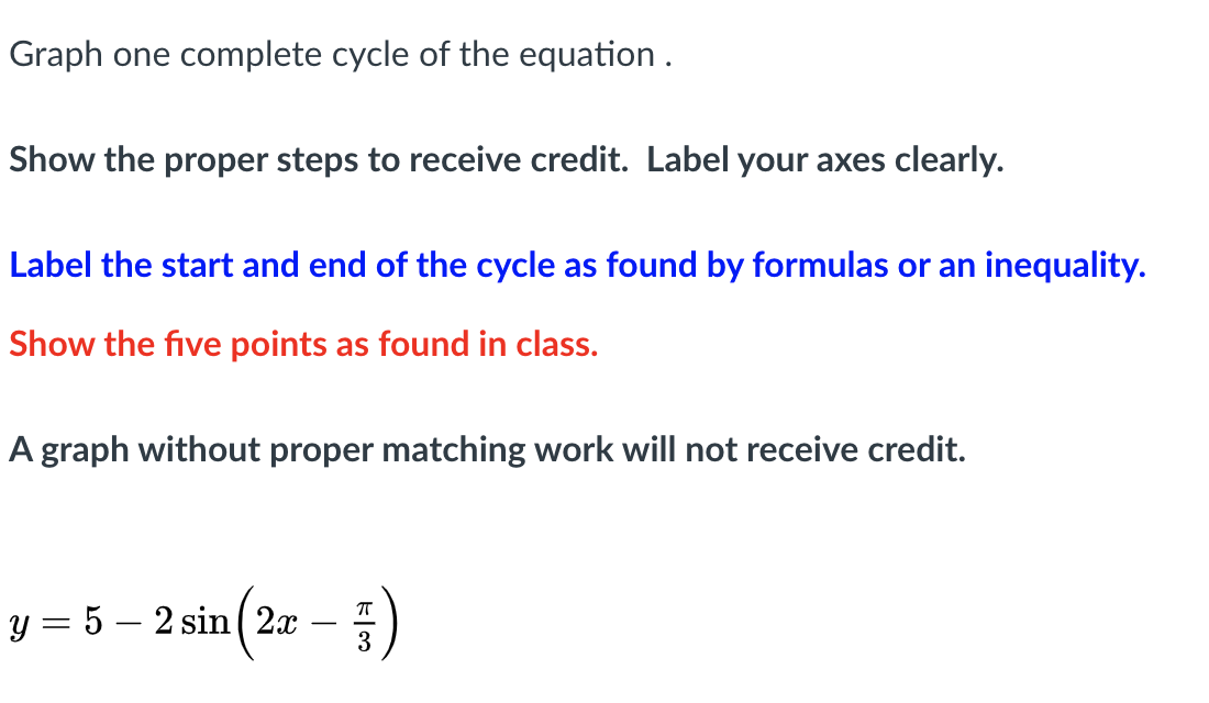 Solved Graph one complete cycle of the equation. Show the | Chegg.com