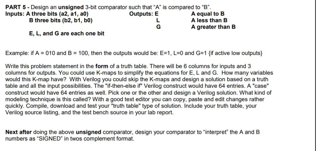 Solved Design an unsigned 3-bit comparator such that “A” is | Chegg.com